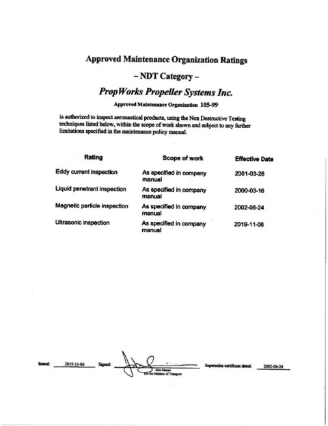 Certificates - Propworks Propeller Systems